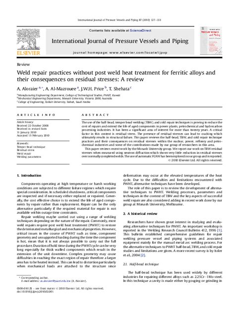 Pdf Weld Repair Practices Without Post Weld Heat Treatment For Ferritic Alloys And Their