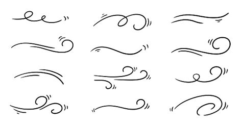 낙서 바람 선 스케치 세트입니다 손으로 그린 낙서 바람 운동 공기 불기 소용돌이 요소 스케치 그려진 공기 불어 모션 연기 흐름 예술 추상적인 선 분리된 벡터 겨울에 대한