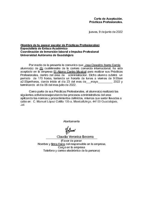 Ejemplo De Una Carta De Aceptacion De Practicas Profesionales Wally