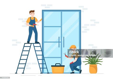 주택 수리 및 개조를 위한 작업자와 함께 창 및 문 설치 서비스는 평면 만화 손으로 그린 템플릿 그림의 도구를 사용합니다 문에 대한 스톡 벡터 아트 및 기타 이미지 Istock