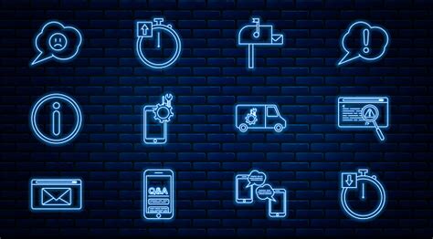 회선 스톱워치 설정 시스템 버그 개념 메일 상자 열기 모바일 서비스 정보 슬픈 미소로 말풍선 자동차 및 아이콘 벡터 Brand