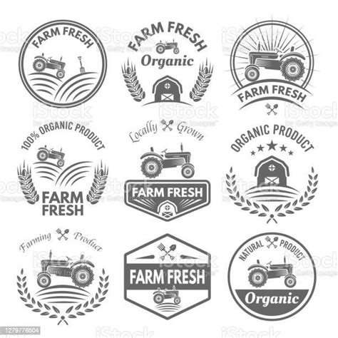 흰색 배경에 고립 된 트랙터와 농장 신선한 벡터 제품 라벨 배지 엠블럼 및 스티커 농산물 포장을 위한 농업 및 농업 유기농 식품
