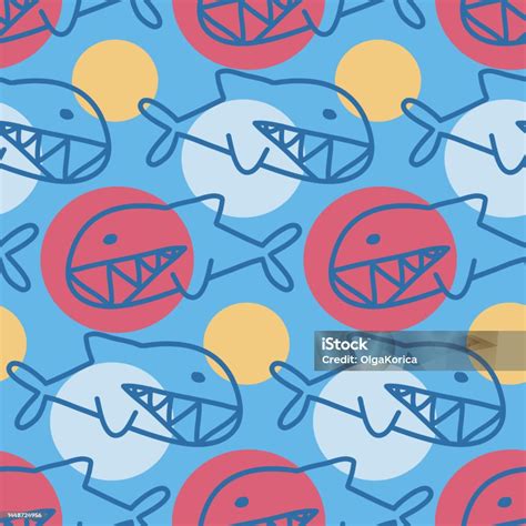 상어 이빨을 가진 육식 물고기 파란색 노란색 핑크 색상 패브릭 섬유 포장 디자인 장식에 대 한 원활한 패턴 마린 패턴 어린이 드로잉에 대한 스톡 벡터 아트 및 기타 이미지