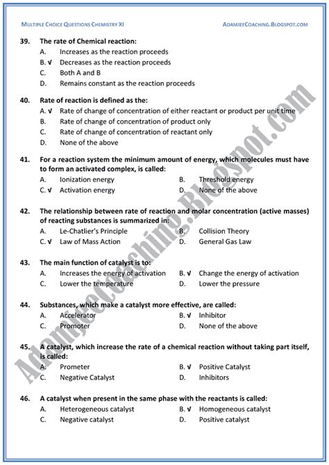 Adamjee Coaching Xi Chemistry Mcqs Introduction To Chemical Kinetics