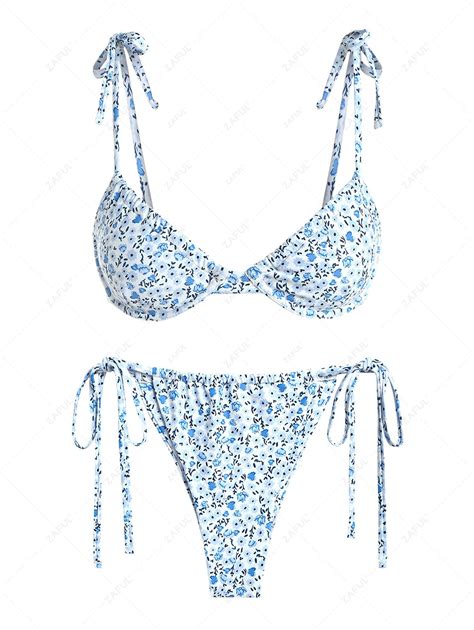 Zaful Tie Shoulder Ditsy Floral Underwire Loincloth Tanga Bikini