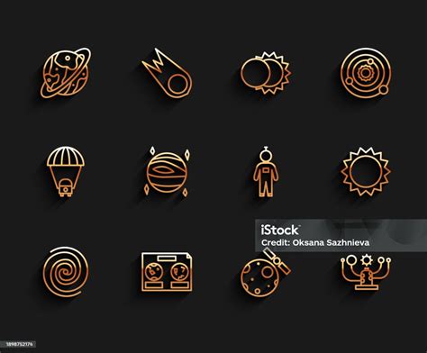 설정 라인 블랙홀 밤하늘의 천체지도 우주 캡슐 및 낙하산 행성 지구 태양계 행성 금성 태양 및 우주 비행사 아이콘을 공전하는 위성 벡터 건강관리와 의술에 대한 스톡 벡터