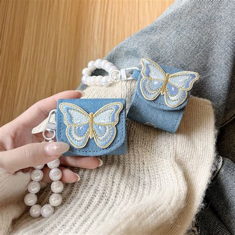 유니크 데님 입체 나비 진주스트랩 에어팟케이스 에이블리