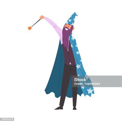 마술사 와 트릭 미소 수염 마법사 캐릭터 와 케이프 와 별과 콘 모자 공연 에서 마술 쇼 만화 스타일 벡터 일러스트 공연자에 대한 스톡 벡터 아트 및 기타 이미지 Istock
