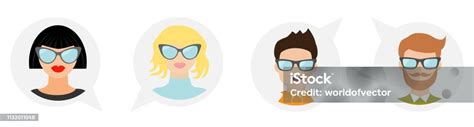 아바타 사람들 아이콘 설정 라인입니다 귀여운 만화 캐릭터입니다 다양 한 얼굴 컬렉션 안경을 쓴 남성 여성 선글라스 연설 거품