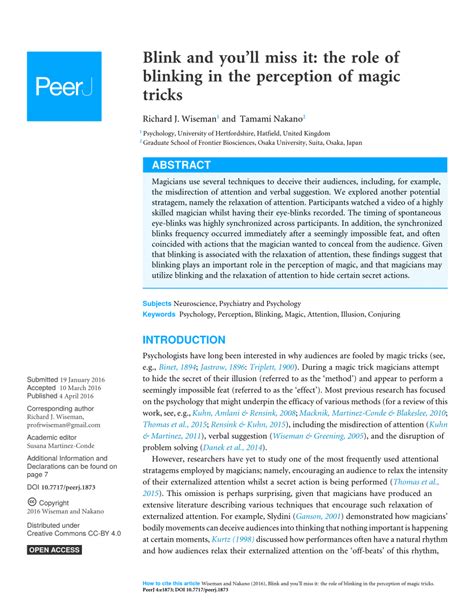 Pdf Blink And Youll Miss It The Role Of Blinking In The Perception Of Magic Tricks