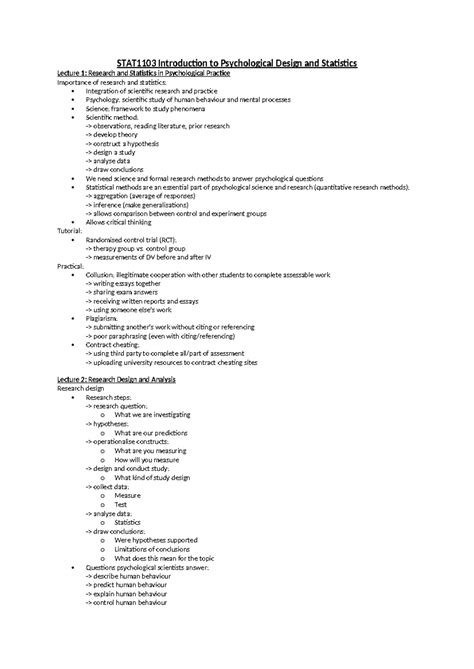 Stat1103 Notes Stat1103 Introduction To Psychological Design And Statistics Lecture 1