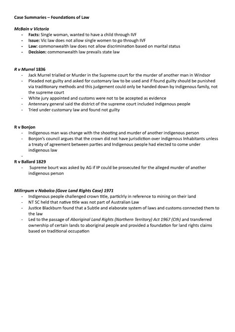 Case Summaries Summary Of Key Cases Case Summaries Foundations Of Law McBain V Victoria