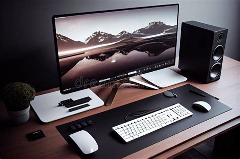 A Minimalist Desk With A Sleek Computer Monitor And Keyboard Stock