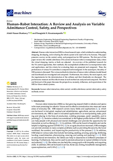 Pdf Human Robot Interaction A Review And Analysis On Variable Admittance Control Safety And