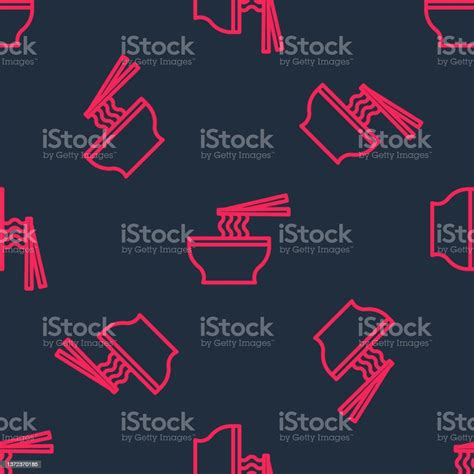 레드 라인 아시아 국수는 그릇과 젓가락 아이콘 검은 배경에 고립 된 매끄러운 패턴 길거리 패스트푸드 한국어 일본어 중국 음식 벡터 라면 국수에 대한 스톡 벡터 아트 및 기타