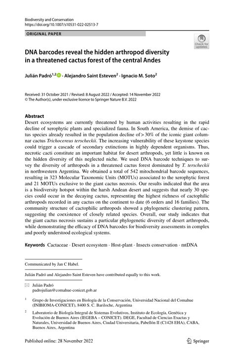 Pdf Dna Barcodes Reveal The Hidden Arthropod Diversity In A Threatened Cactus Forest Of The