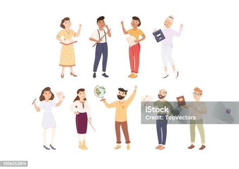 포인터와 학교 책 벡터 일러스트 레이션 세트와 남자와 여자 학교 교사 또는 교육자 교사 교육 관련 직업에 대한 스톡 벡터 아트 및 기타 이미지 교사 교육 관련 직업