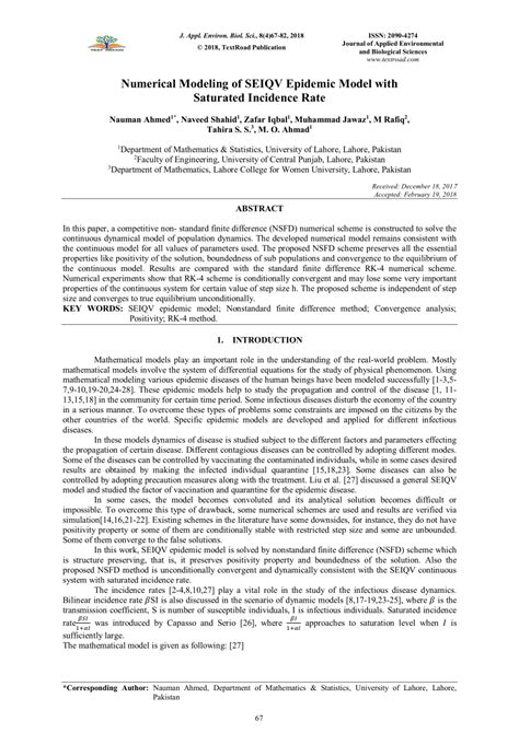 Pdf Numerical Modeling Of Seiqv Epidemic Model With Saturated Incidence Rate