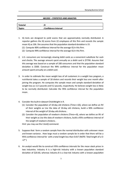questions week 8 nanyang business school ab1202 statistics and analysis tutorial 8 topics