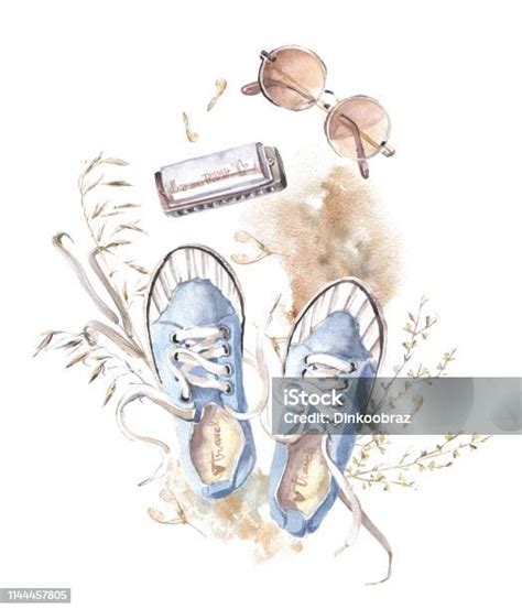 수채화 그림입니다 블루 스 니 커 즈 선글라스 드라이 허브 및 하 모니카 수채화에 대한 스톡 벡터 아트 및 기타 이미지 수채화 스포츠 신발 신발 Istock