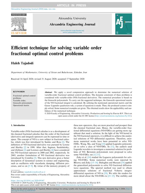 Pdf Efficient Technique For Solving Variable Order Fractional Optimal Control Problems