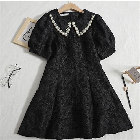 연말룩가을신상셀프웨딩 자카드 꽃자수 카라 블랙 미니드레스 연주회 공연 데이트룩 하객룩 파티룩 브라이덜샤워 화이트 볼륨 A라인 플레어스커트 공주 퍼프 진주 숏원피스