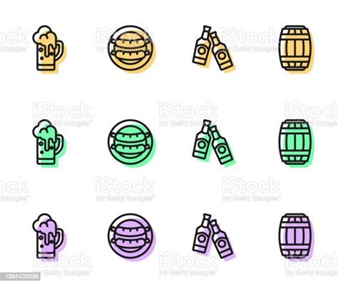 세트 라인 맥주 병 맥주 한 잔 소시지 및 나무 배럴 아이콘 벡터 0명에 대한 스톡 벡터 아트 및 기타 이미지 0명 검은색 고기 Istock