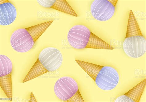 여름 아이스크림 콘 배경 3d 펀치 파스텔 스타일 일반 패턴 종이 컷 스타일 최소한의 여름 음식 개념입니다 벡터 일러스트 레이 션 3차원 형태에 대한 스톡 벡터 아트 및