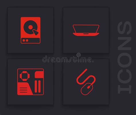 Set Computer Mouse Hard Disk Drive Hdd Laptop And Motherboard Digital Chip Icon Vector Stock