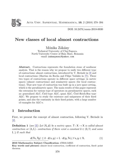Pdf New Classes Of Local Almost Contractions