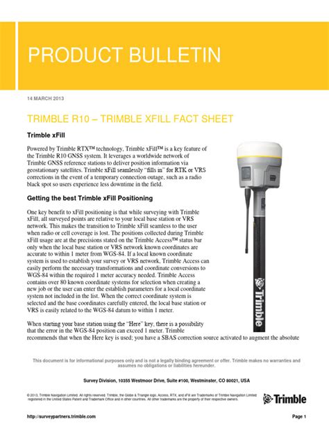 Trimble R10 Product Bulletin Xfill Fact Sheet Mar 2013 Corrected Pdf Surveying Information