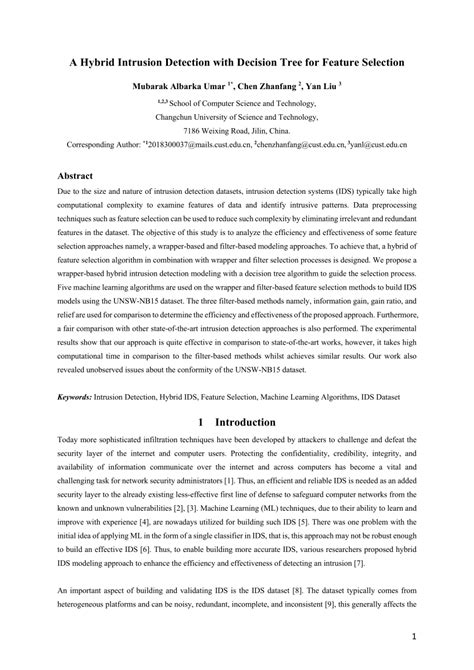 PDF A Hybrid Intrusion Detection With Decision Tree For Feature Selection