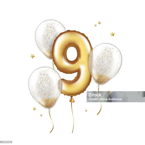 금박으로 만든 라텍스 헬륨 풍선과 색종이 조각이 있는 투명 풍선 번호 9 휴일 생일에 대 한 현실적인 벡터 일러스트 레이 션 Jubilee Year에 대한 스톡 벡터 아트