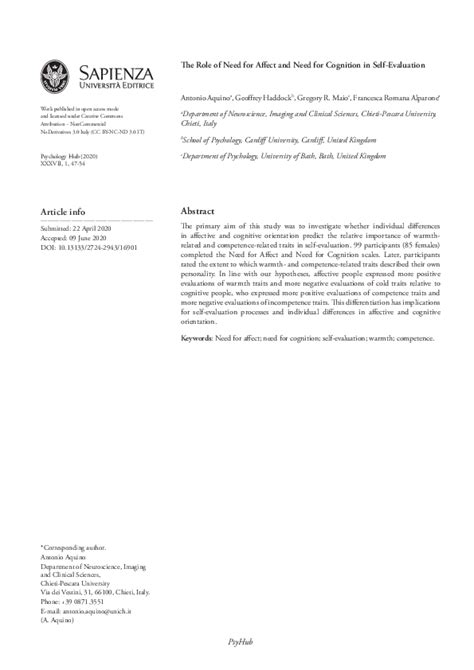 pdf the role of need for affect and need for cognition in self evaluation