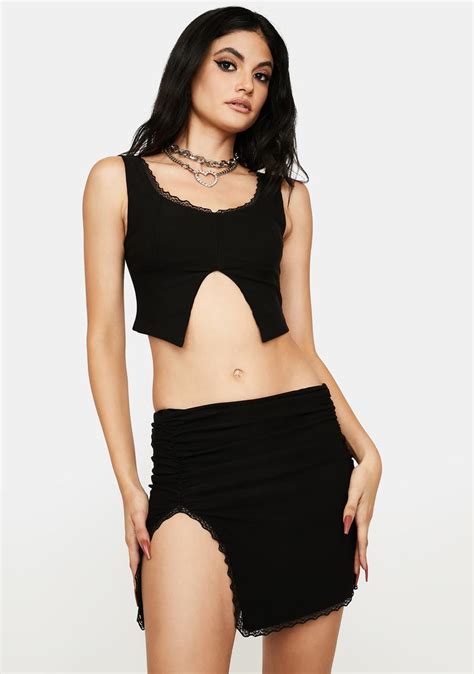 Scalloped Lace Trim Front Slit Cropped Tank Top And Mini Skirt Set