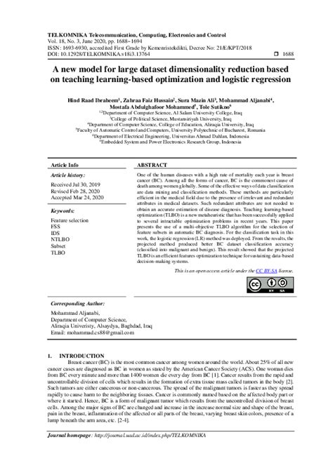 Pdf A New Model For Large Dataset Dimensionality Reduction Based On Teaching Learning Based