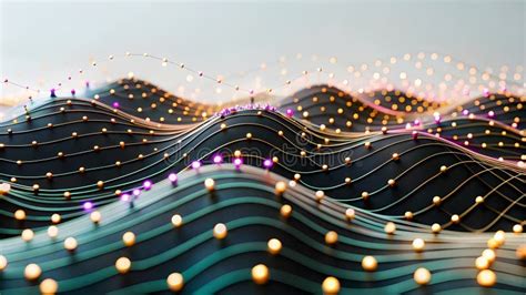 Abstract 3d Rendering Of Flowing Lines And Glowing Spheres Creating A Visual Wave Stock