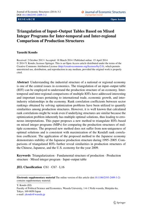 Pdf Triangulation Of Inputoutput Tables Based On Mixed Integer Programs For Inter Temporal