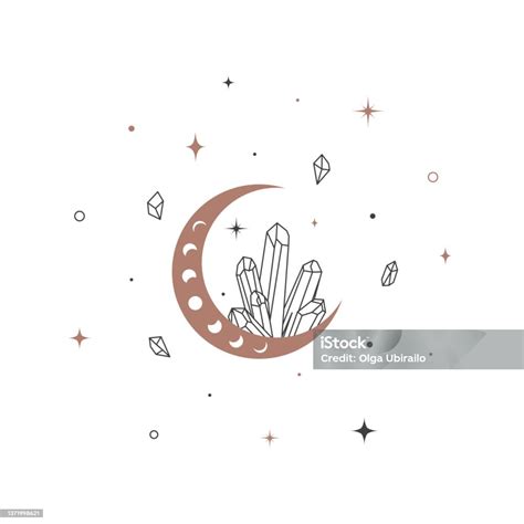 트렌디한 보헤미안 스타일로 빛나는 매직 초승달과 크리스탈 미용 또는 미용 제품을위한 연금술 로고 및 아이콘 디자인 템플릿 블랙과 골든 컬러 천체 벡터 일러스트레이션 수정