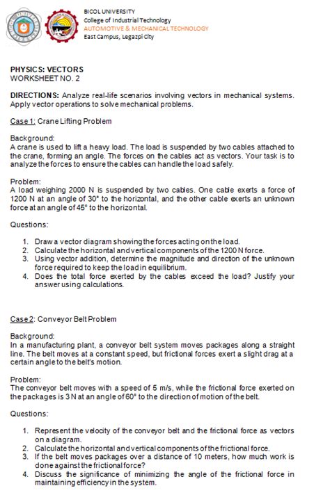 Physics Vectors Worksheet No 2 Case 1 Crane Lifting Problem A Load