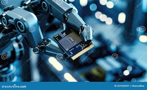 Robotic Arm Handling Microchip On Circuit Board Futuristic Technology Aig49 Stock Image