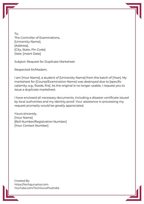 Application For Duplicate Marksheet In School College [5 Format]