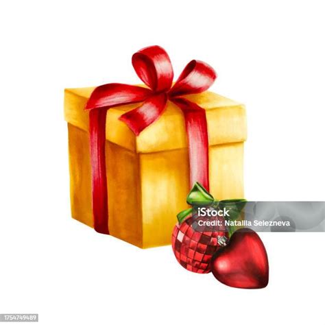 수채화 크리스마스 선물과 반짝이는 공과 장난감 그림 하얀 바탕에 분리된 빨간 활이 있는 새해 금 선물 상자 디자이너 장식 상점 엽서 포장지 표지 포스터 및 직물용 12월에