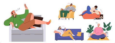 다양한 사람들의 캐릭터 세트 모바일 응용 프로그램을 사용하여 헤드폰에서 음악을 듣고 휴식을 취합니다 소파에 대한 스톡 벡터 아트 및 기타 이미지 Istock