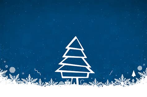 하단에 눈이있는 창조적 인 진한 파란색 녹색 색상의 수평 벡터 그림과 기하학적 모양으로 만든 하나의 창조적 인 흰색 윤곽 크리스마스 트리 12월에 대한 스톡 벡터 아트 및