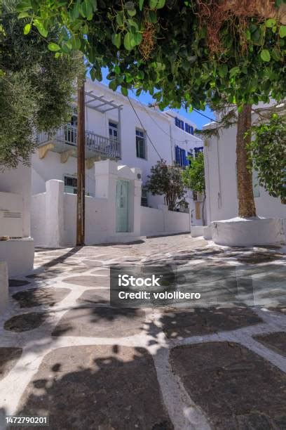 그리스의 미코노스 구시 가지 하얀 점선 골목 좁은 거리에 푸른 문과 창문이있는 Cyclades 그리스 제도의 전형적인 흰색