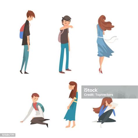 우울한 사람들이 설정되었습니다 불행은 십대 소년 소녀들에게 스트레스를 주었다 학교 스트레스 외로운 왕따 개념 만화 벡터 일러스트레이션 감정에 대한 스톡 벡터 아트 및 기타