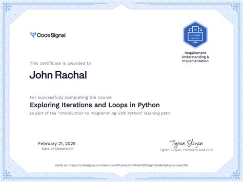Course Certificate For Exploring Iterations And Loops In Python John Rachal Mba