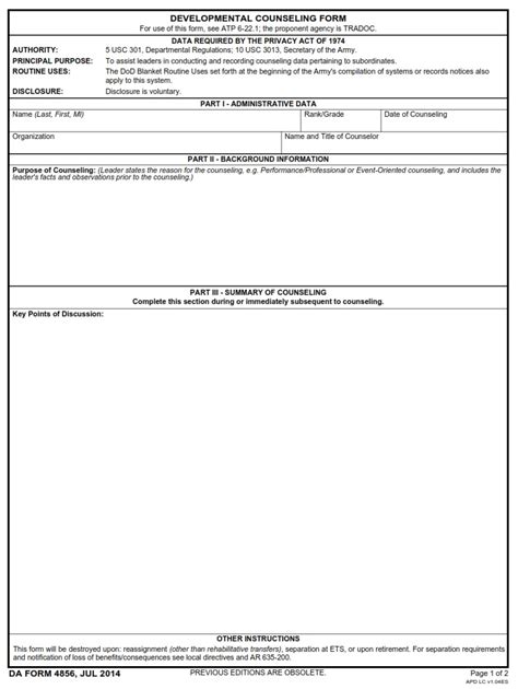 Da Form 4856 Developmental Counseling Form Army Pubs Da Form