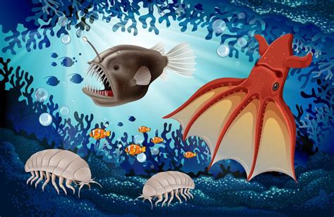 심해 생물이 있는 바다 무료 벡터